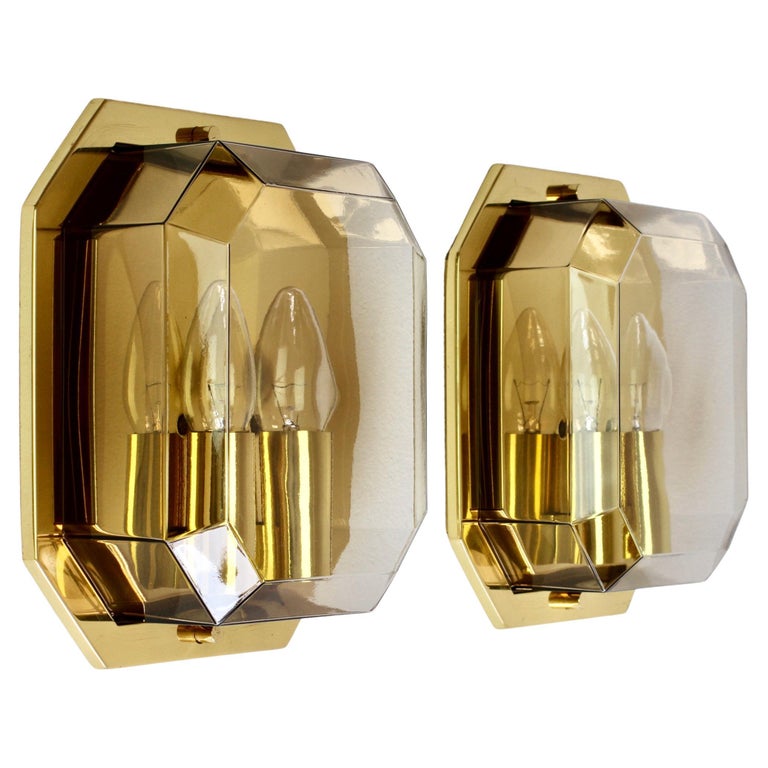 Pair of Geometric Smoked Topaz Glass and Brass Wall Lights by Limburg ...