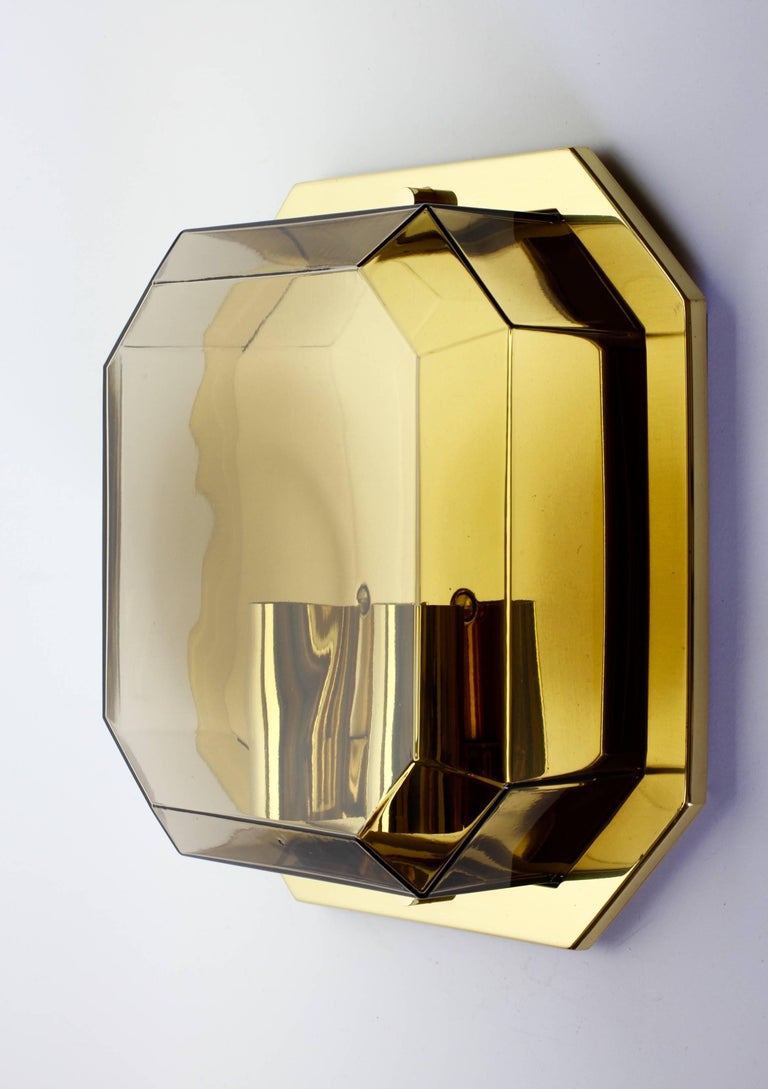 Pair of Geometric Smoked Topaz Glass and Brass Wall Lights by Limburg ...