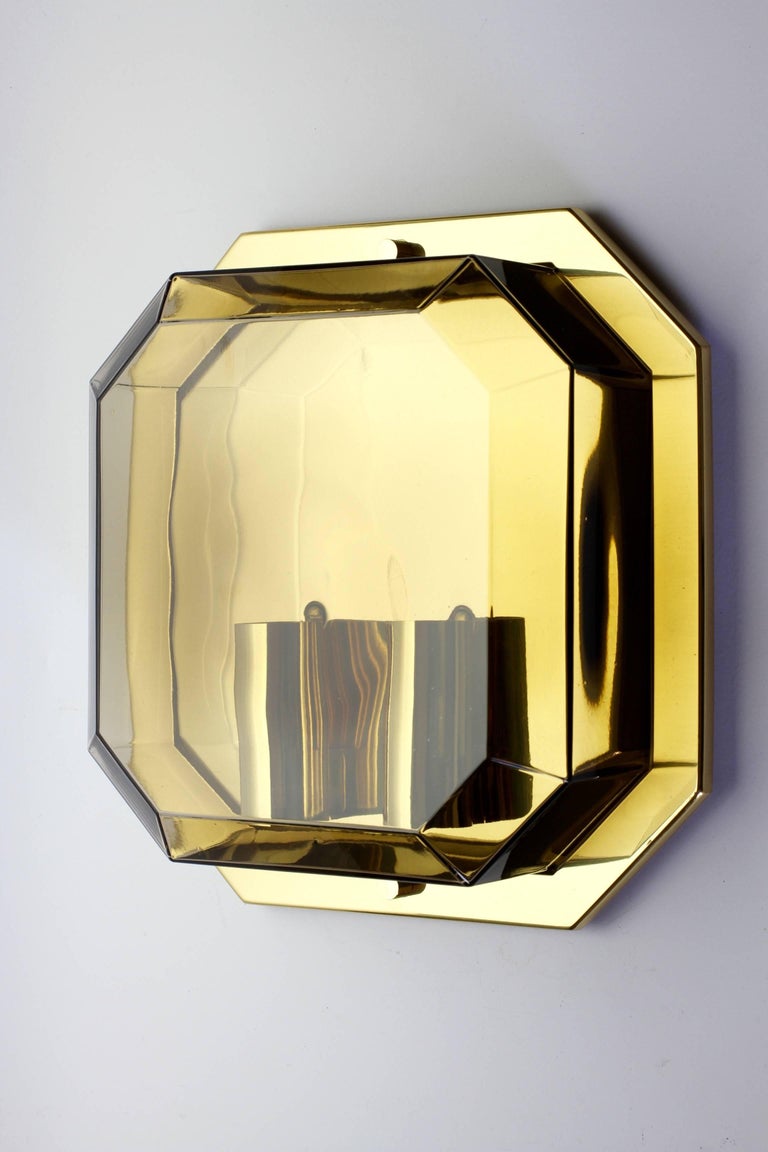 Pair of Geometric Smoked Topaz Glass and Brass Wall Lights by Limburg ...