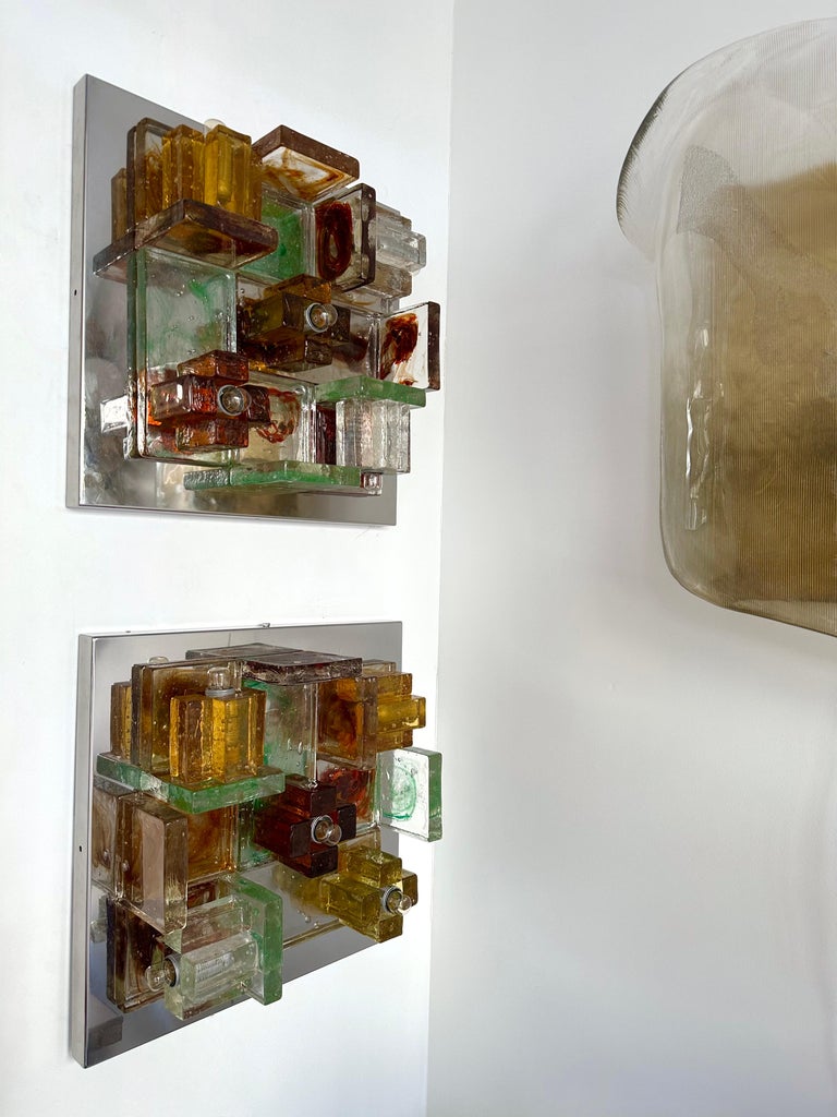Pair of Geometry Glass Construction Metal Sconces by Poliarte, Italy ...