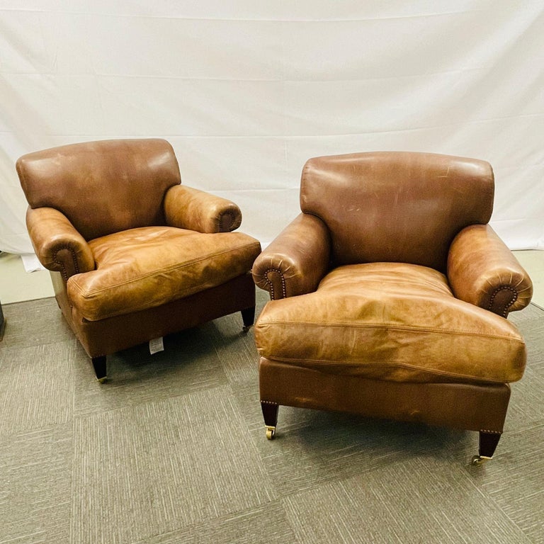 Pair of George Smith Leather Upholstered Armchairs, Scroll Arm or Cigar ...