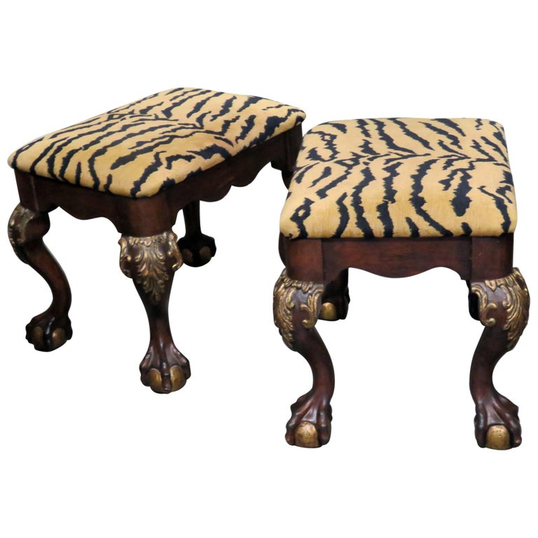 Pair of Tiger Print Upholstered Carved Mahogany Georgian Style Benches ...