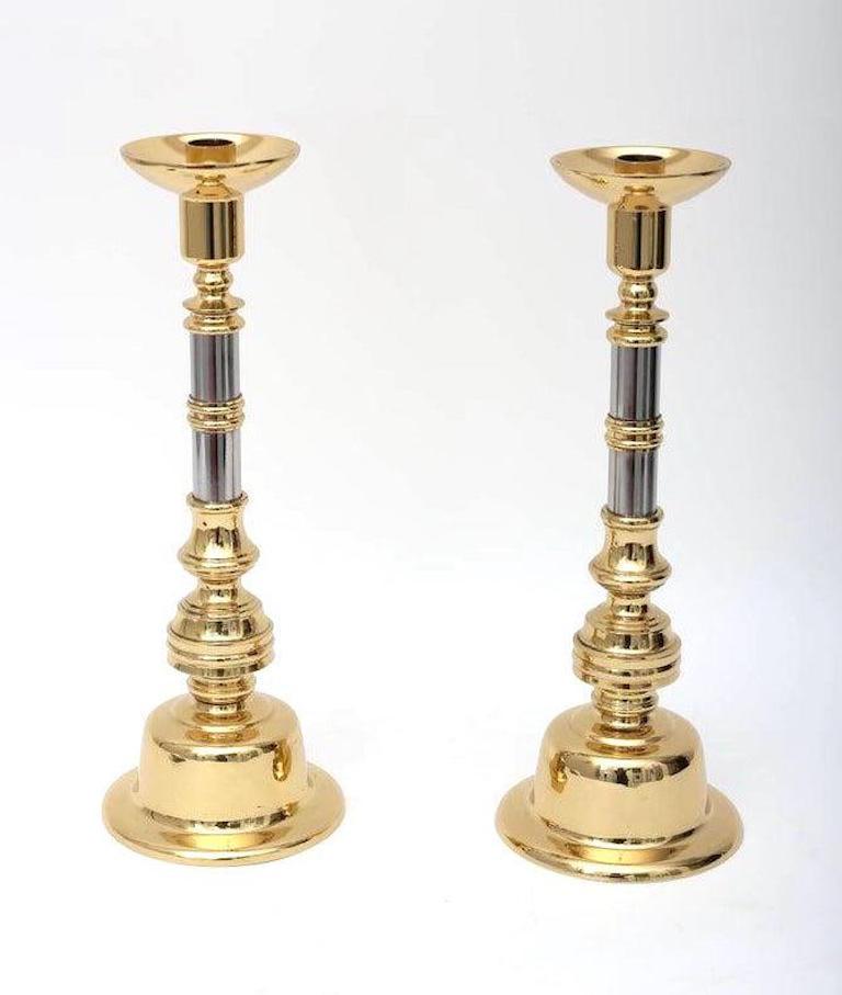 Pair of Georgian Style Candlesticks in Brass and Chrome For Sale at 1stDibs