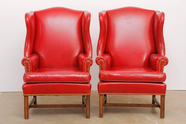 Pair of Georgian Style Red Leather Wingback Library Chairs at 1stDibs ...