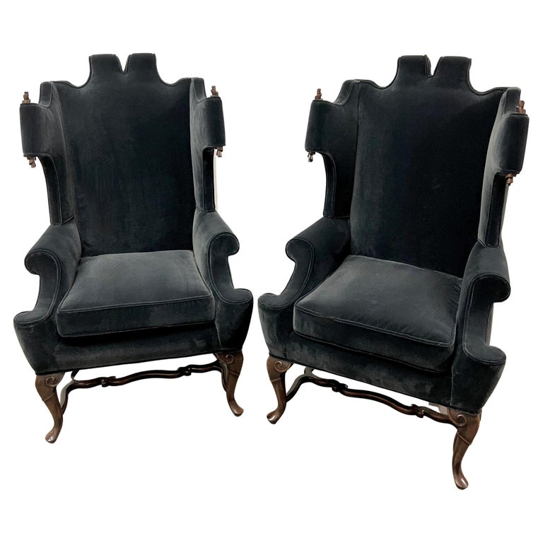 Pair of Georgian Style Wingback Chairs with Wood Scroll Detail in ...