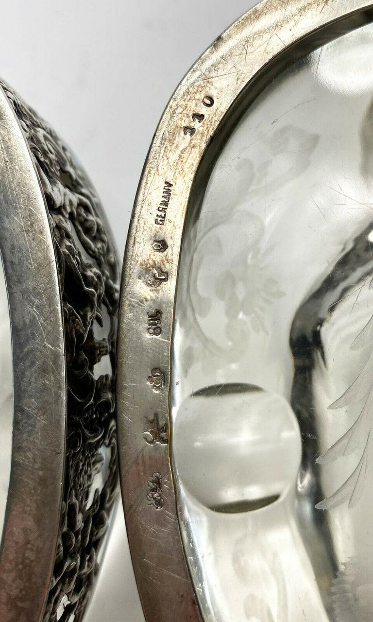 Pair of German 800 Silver Overlay Glass Ashtrays and Match Box ...