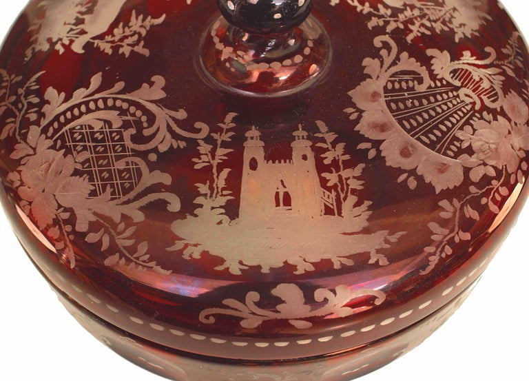 Pair of German Cranberry Etched Glass Boxes For Sale at 1stDibs