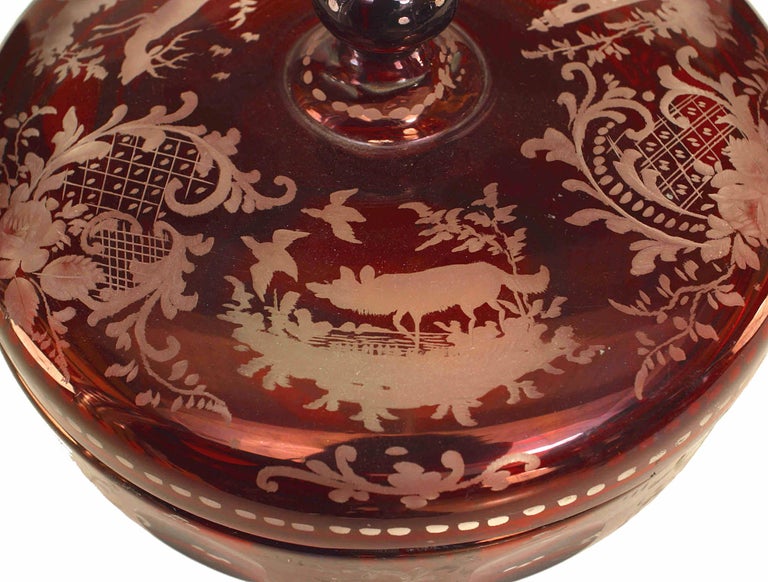 Pair of German Cranberry Etched Glass Boxes For Sale at 1stDibs