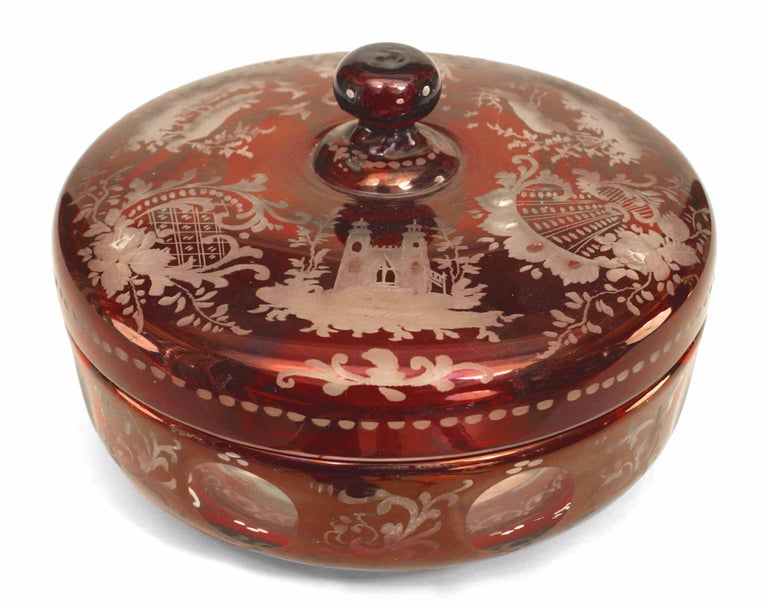 Pair of German Cranberry Etched Glass Boxes For Sale at 1stDibs