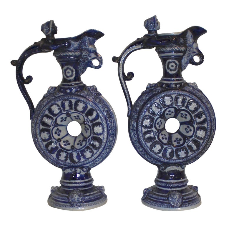 Pair of German Westerwald Salt Glazed Circular Ewers For Sale at 1stDibs