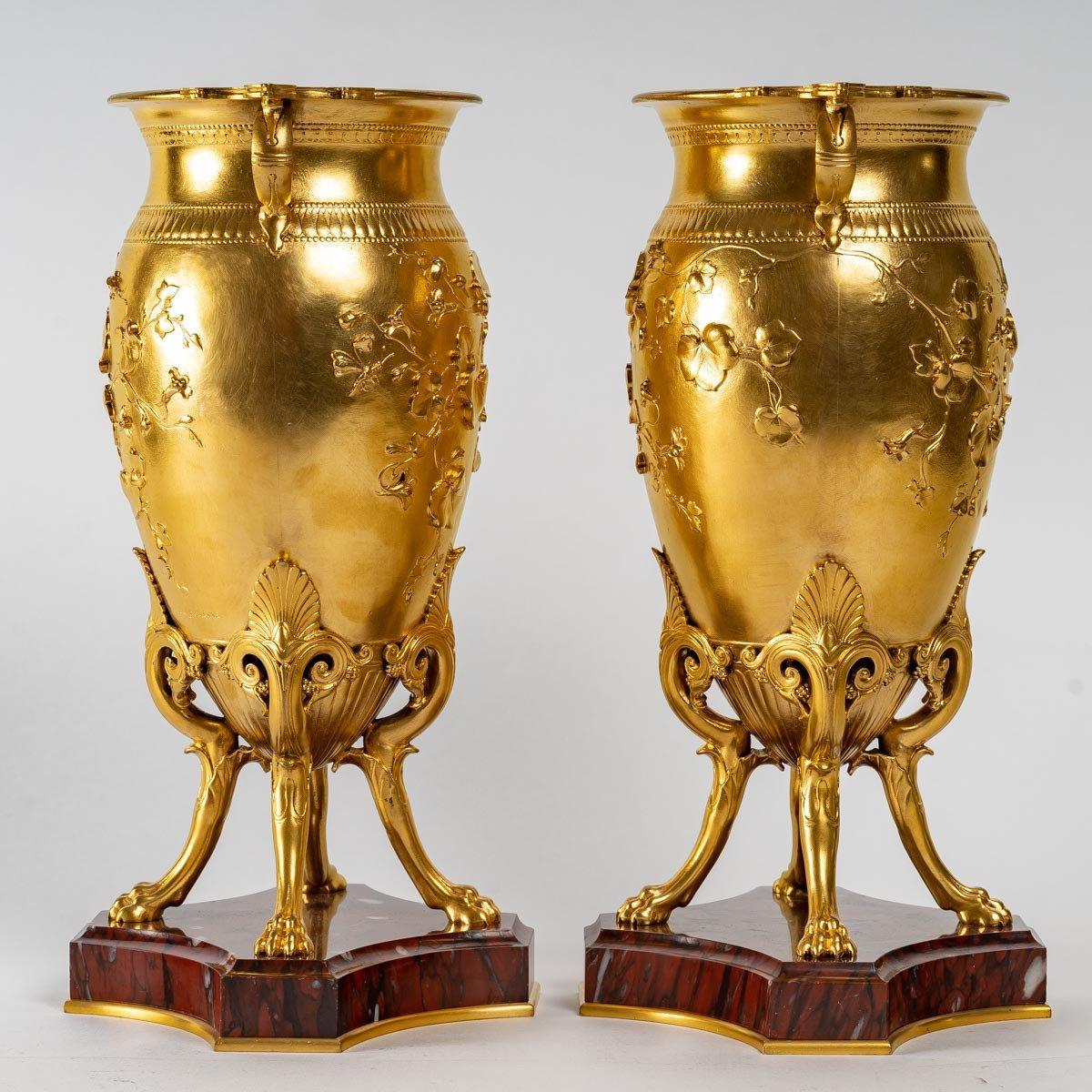 Pair of Gilded Bronze Vases by Ferdinand Barbedienne For Sale at 1stDibs