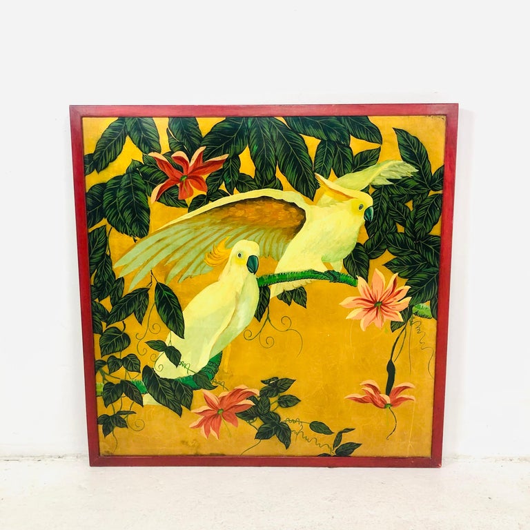 Pair of Gilded Chinese Cockatoo Paintings For Sale at 1stDibs