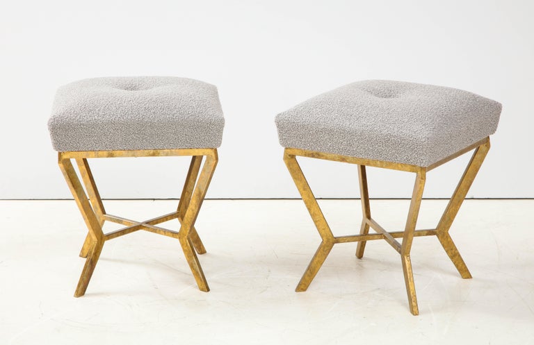 Pair of Gilded Gold Leaf Iron Stools with Tufted Grey Boucle, Italy ...