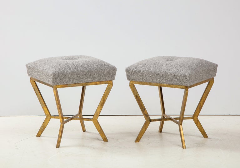 Pair of Gilded Gold Leaf Iron Stools with Tufted Grey Boucle, Italy ...