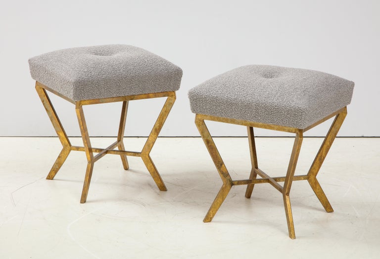 Pair of Gilded Gold Leaf Iron Stools with Tufted Grey Boucle, Italy ...