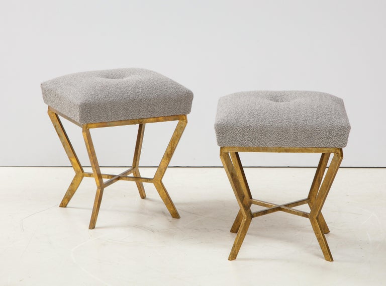 Pair of Gilded Gold Leaf Iron Stools with Tufted Grey Boucle, Italy ...