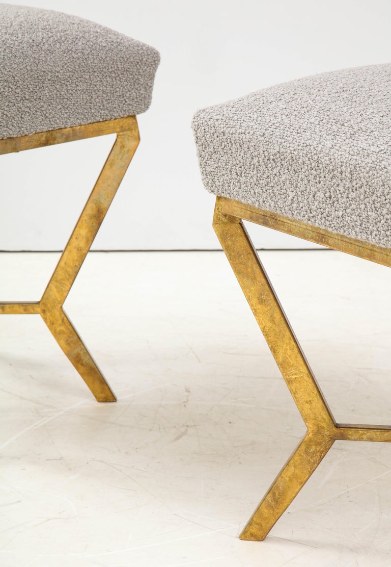 Pair of Gilded Gold Leaf Iron Stools with Tufted Grey Boucle, Italy ...