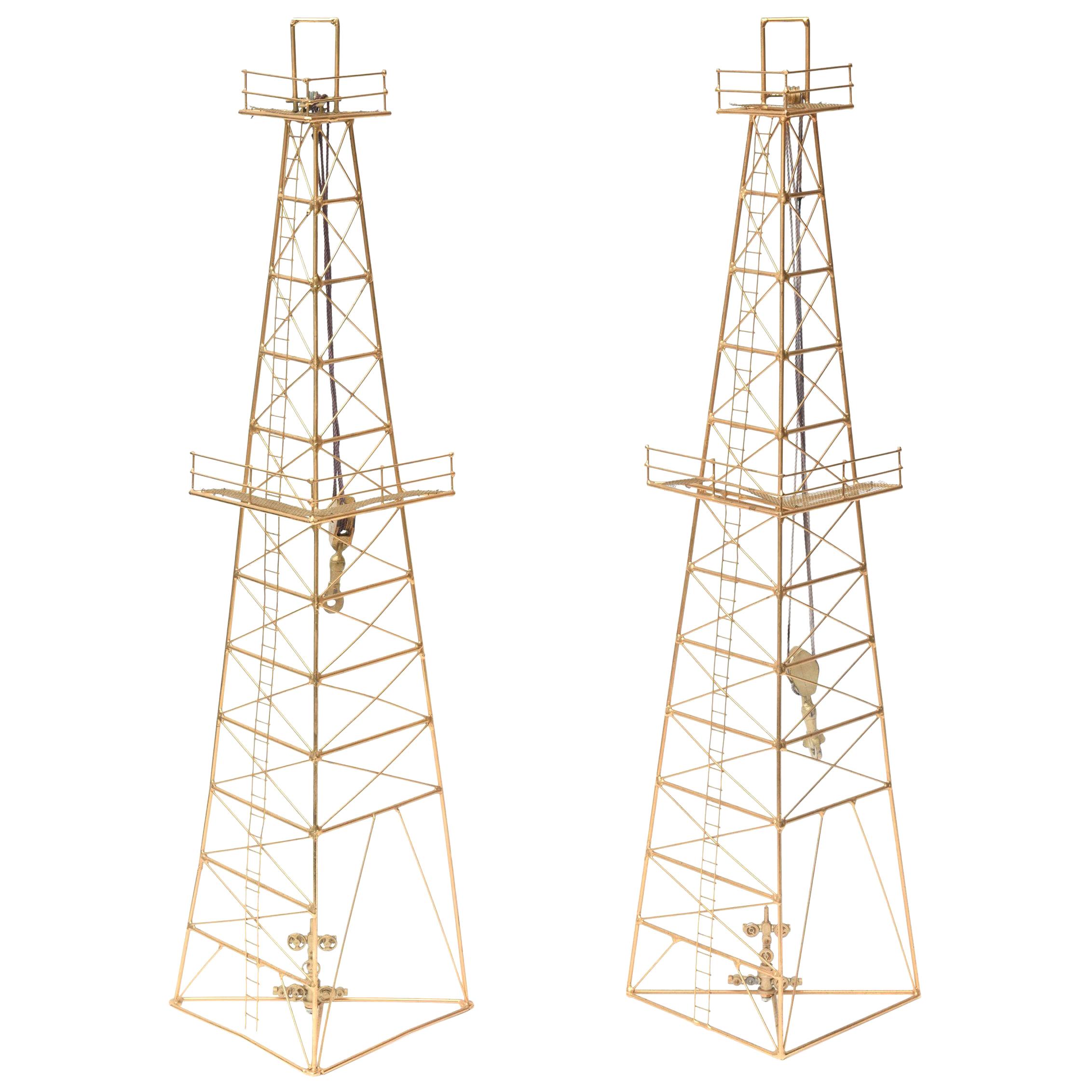 Pair of Gilded Metal Oil Rig Tower Sculptures or Wall Sculptures ...