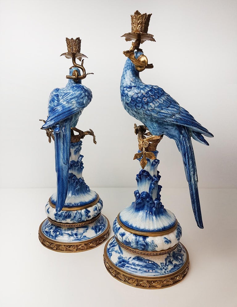 Pair of Gilt Art Nouveau Style Brass Porcelain Parrot Standing ...