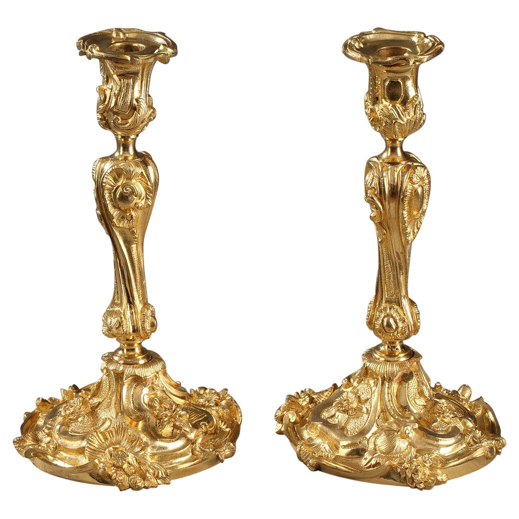 Pair of Gilt Bronze Candlesticks in Louis XV Style at 1stDibs