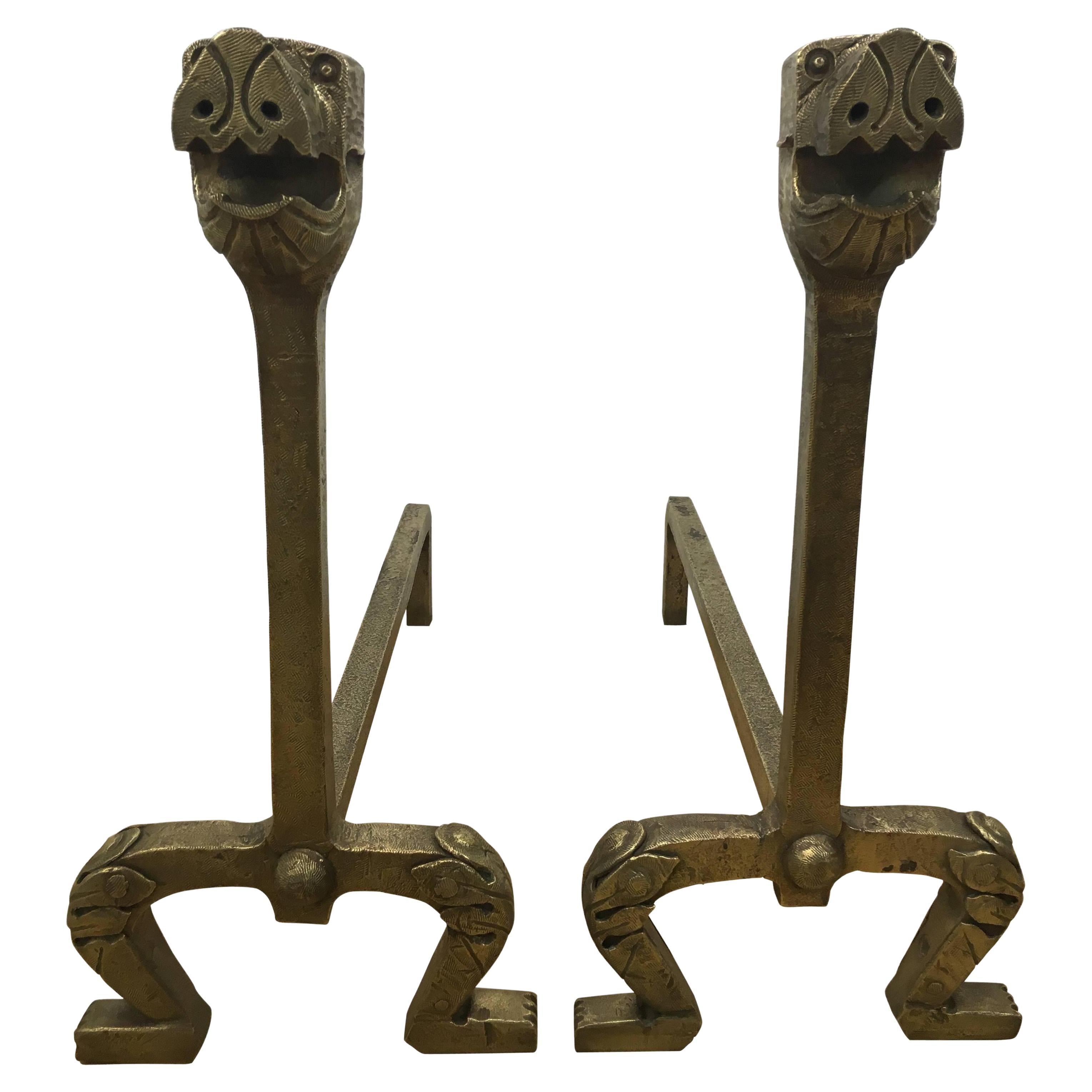 Pair of Gilt Bronze Dog Motif Andirons For Sale at 1stDibs