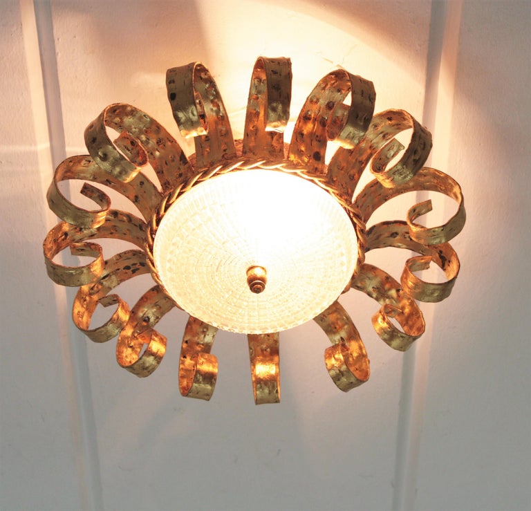 Pair of Sunburst Crown Ceiling Flush Mounts in Gilt Iron and Glass ...