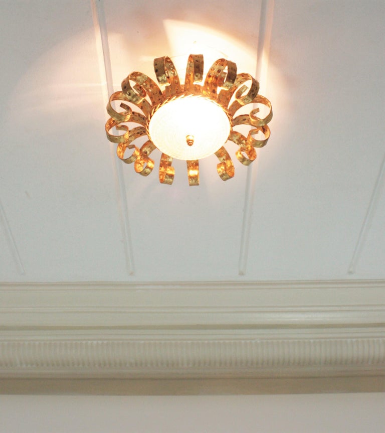 Pair of Sunburst Crown Ceiling Flush Mounts in Gilt Iron and Glass ...