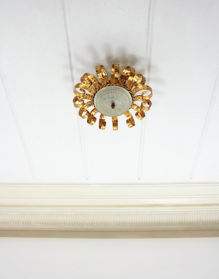 Pair of Sunburst Crown Ceiling Flush Mounts in Gilt Iron and Glass ...