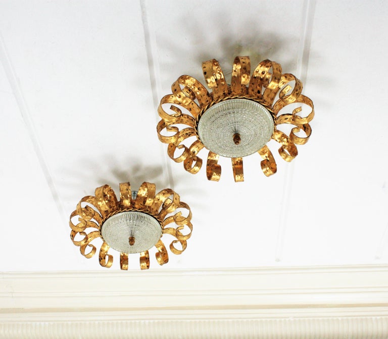 Pair of Sunburst Crown Ceiling Flush Mounts in Gilt Iron and Glass ...