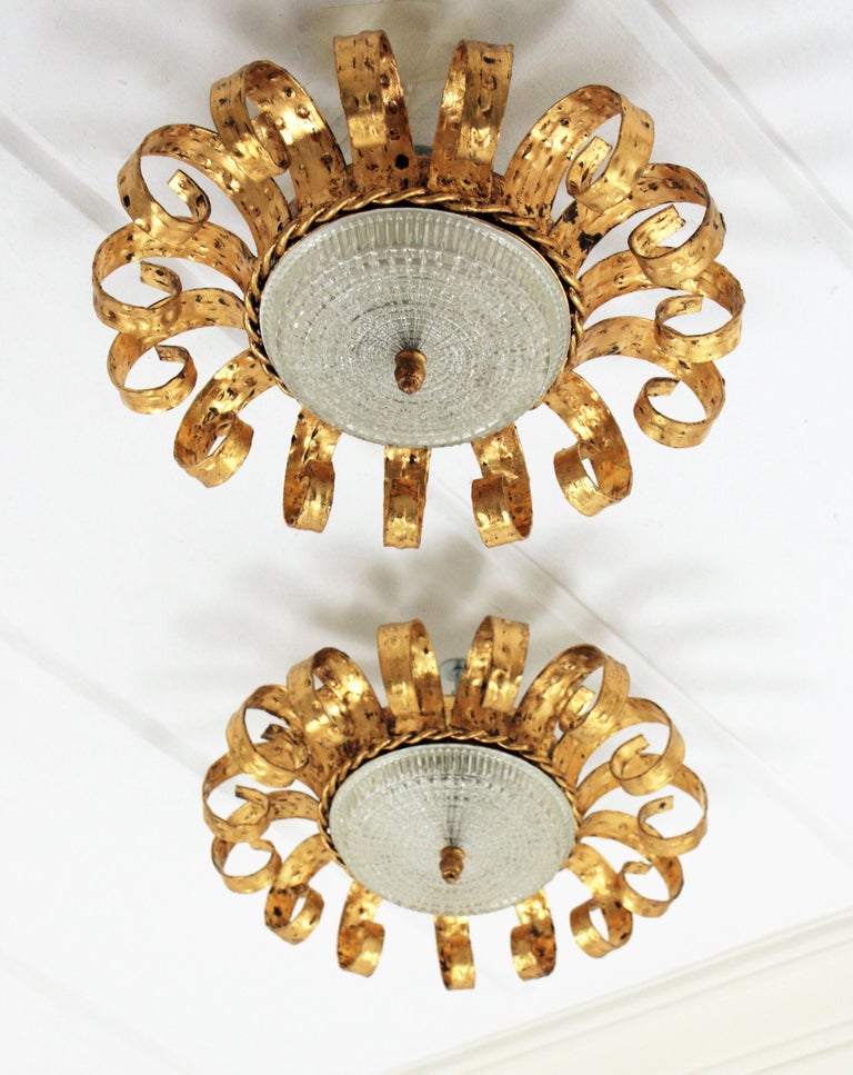 Pair of Sunburst Crown Ceiling Flush Mounts in Gilt Iron and Glass ...