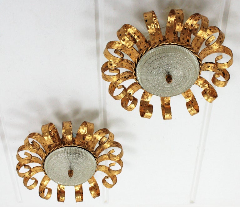 Pair of Sunburst Crown Ceiling Flush Mounts in Gilt Iron and Glass ...