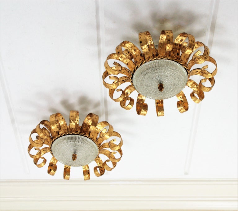 Pair of Sunburst Crown Ceiling Flush Mounts in Gilt Iron and Glass ...