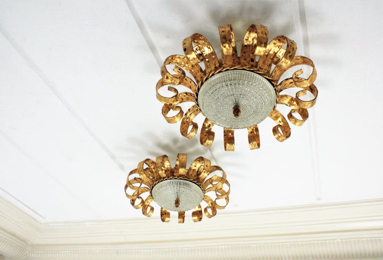 Pair of Sunburst Crown Ceiling Flush Mounts in Gilt Iron and Glass ...