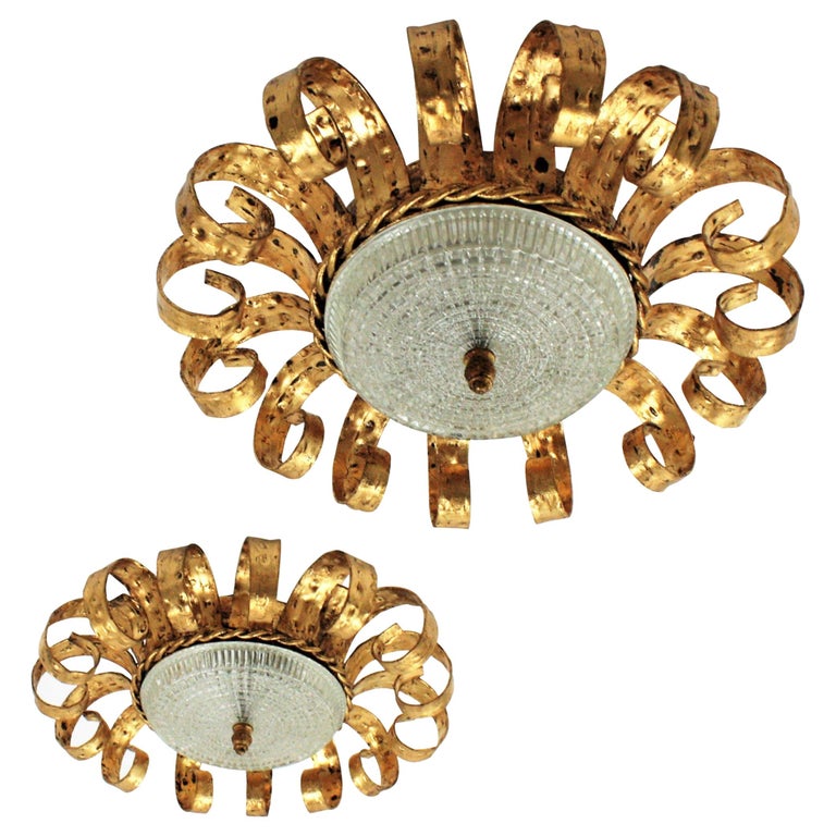 Pair of Sunburst Crown Ceiling Flush Mounts in Gilt Iron and Glass ...