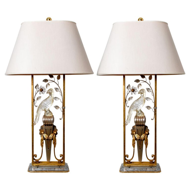 Pair of Gilted Metal, Silver Leaf and Crystal Parrot table lamp attr to ...