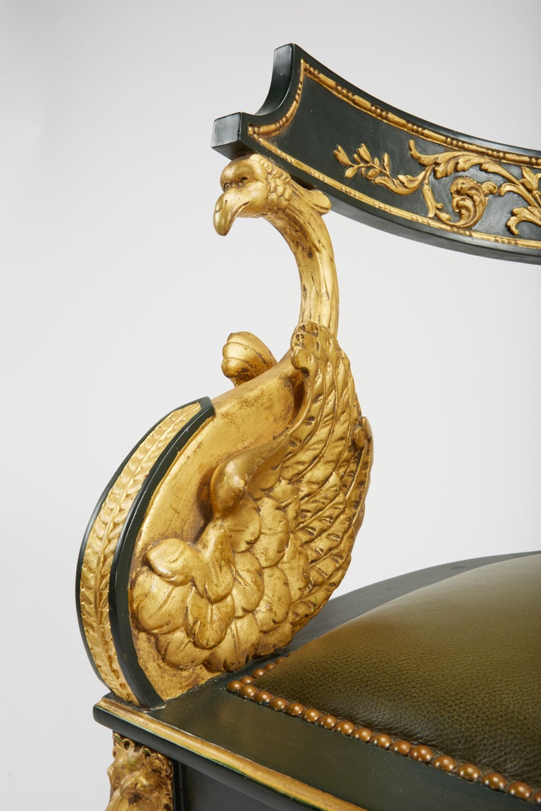 Pair of Giltwood and Green Imperial Roman Style Tub Chairs with Greek ...