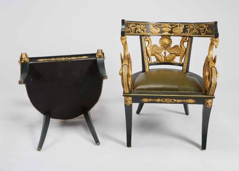 Pair of Giltwood and Green Imperial Roman Style Tub Chairs with Greek ...