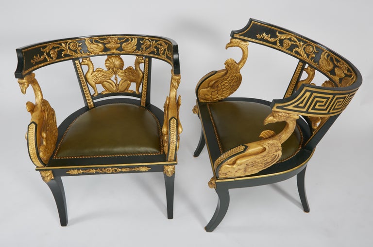 Pair of Giltwood and Green Imperial Roman Style Tub Chairs with Greek ...
