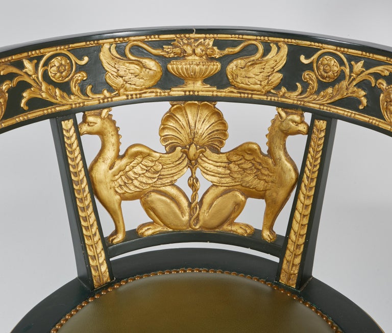 Pair of Giltwood and Green Imperial Roman Style Tub Chairs with Greek ...