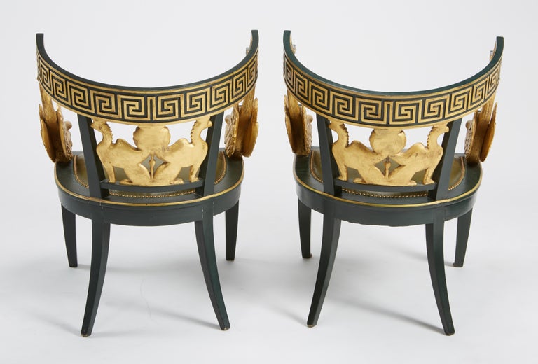 Pair of Giltwood and Green Imperial Roman Style Tub Chairs with Greek ...