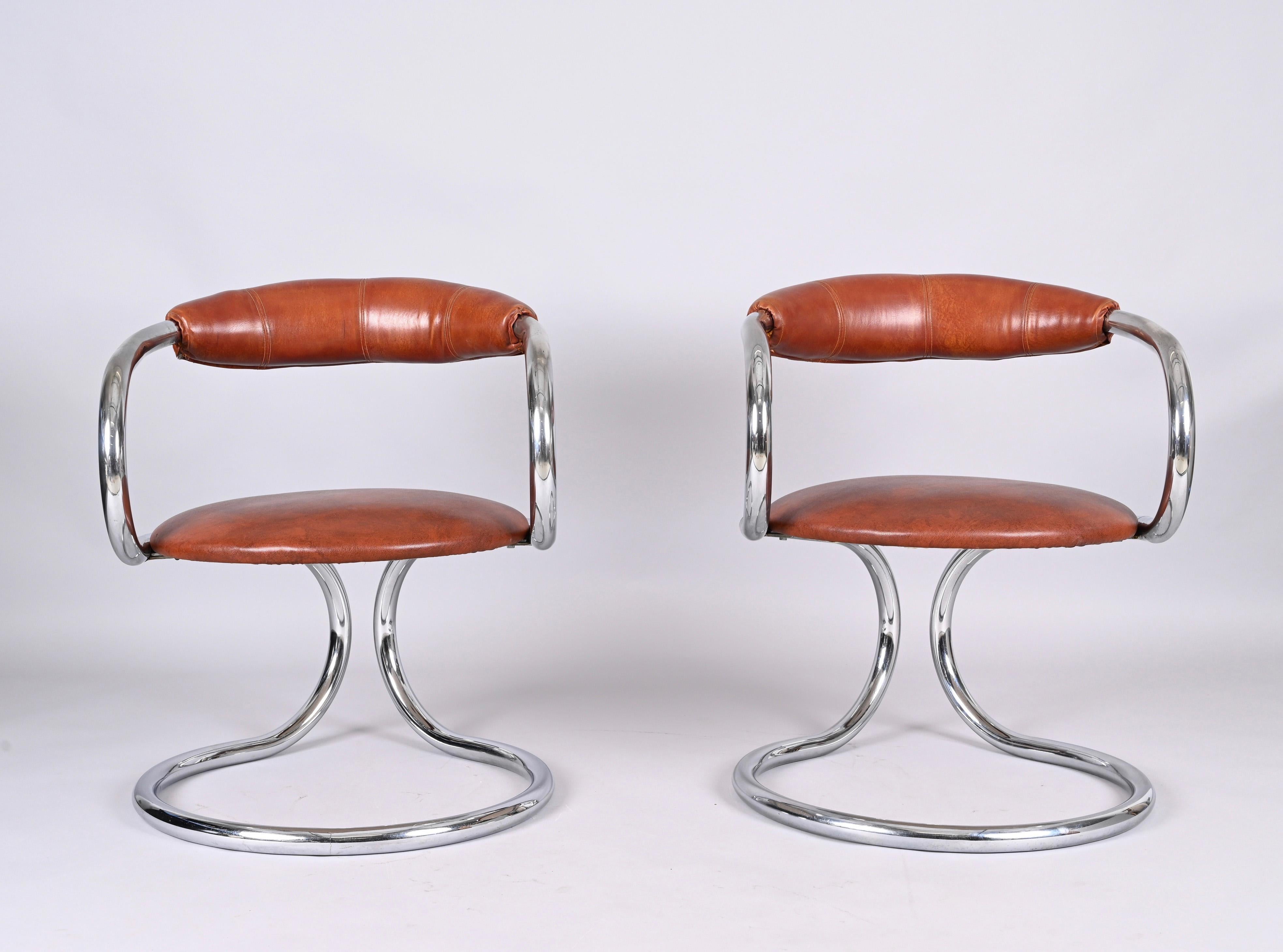 Pair of Giotto Stoppino Tubolar Chrome Steel and Leather Italian Chairs ...