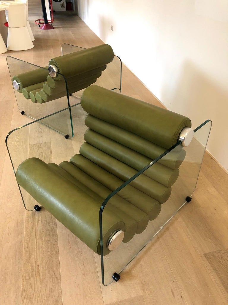 Pair of Glass and Leather "Hyaline" Lounge Chair by Fabio Lenci for ...
