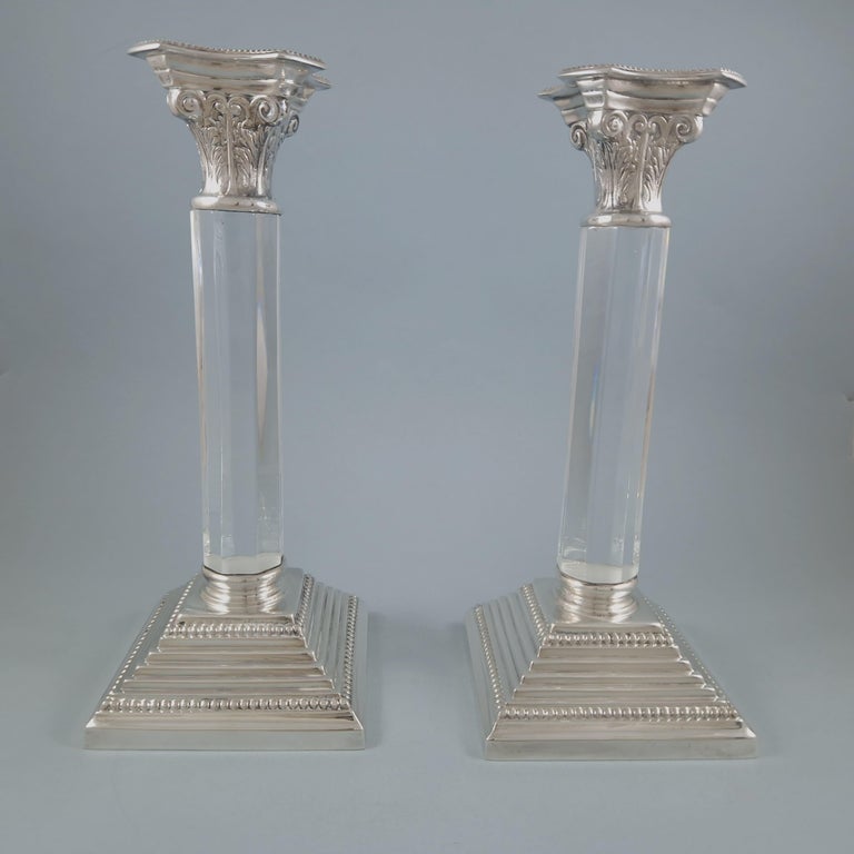Pair of Glass and Sterling Silver Candlesticks For Sale at 1stDibs