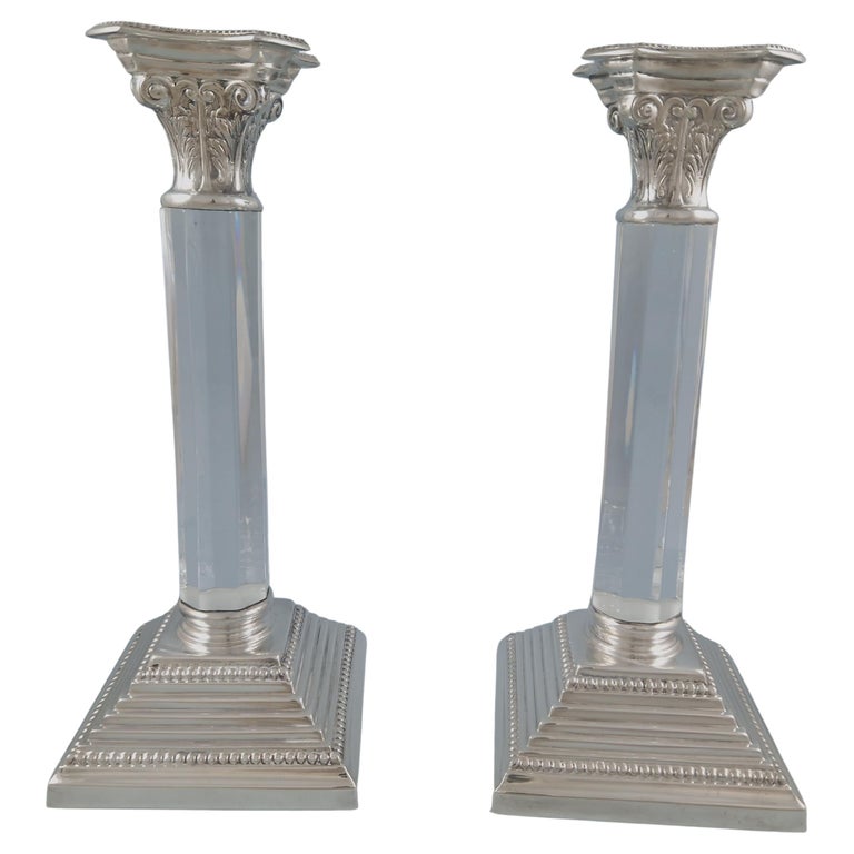 Pair of Glass and Sterling Silver Candlesticks For Sale at 1stDibs