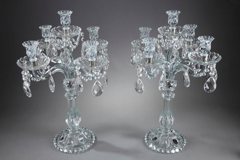 Pair of Glass Candelabras with Crystal Pendants For Sale at 1stDibs