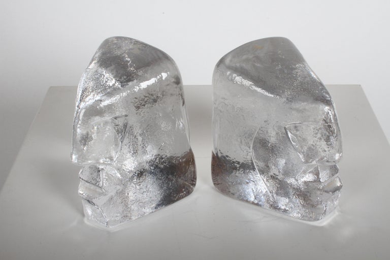 Pair of Glass Face Bookends or Sculptures by Erik Höglund, Sweden ...