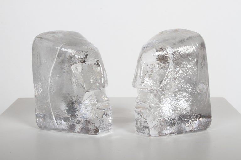Pair of Glass Face Bookends or Sculptures by Erik Höglund, Sweden ...