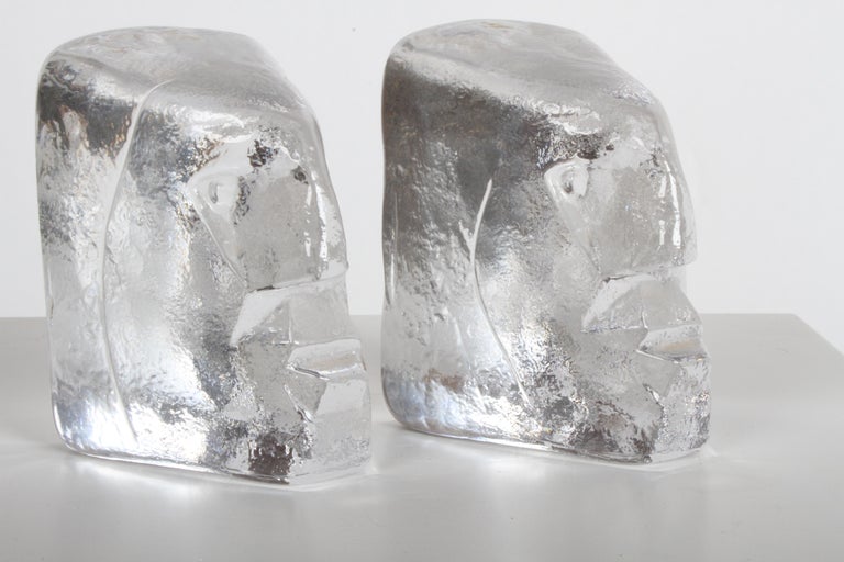 Pair of Glass Face Bookends or Sculptures by Erik Höglund, Sweden ...