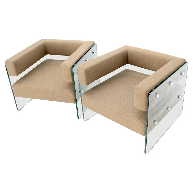 Pair of Glass Panels Frames Cube Shape Lounge Chairs For Sale at 1stDibs