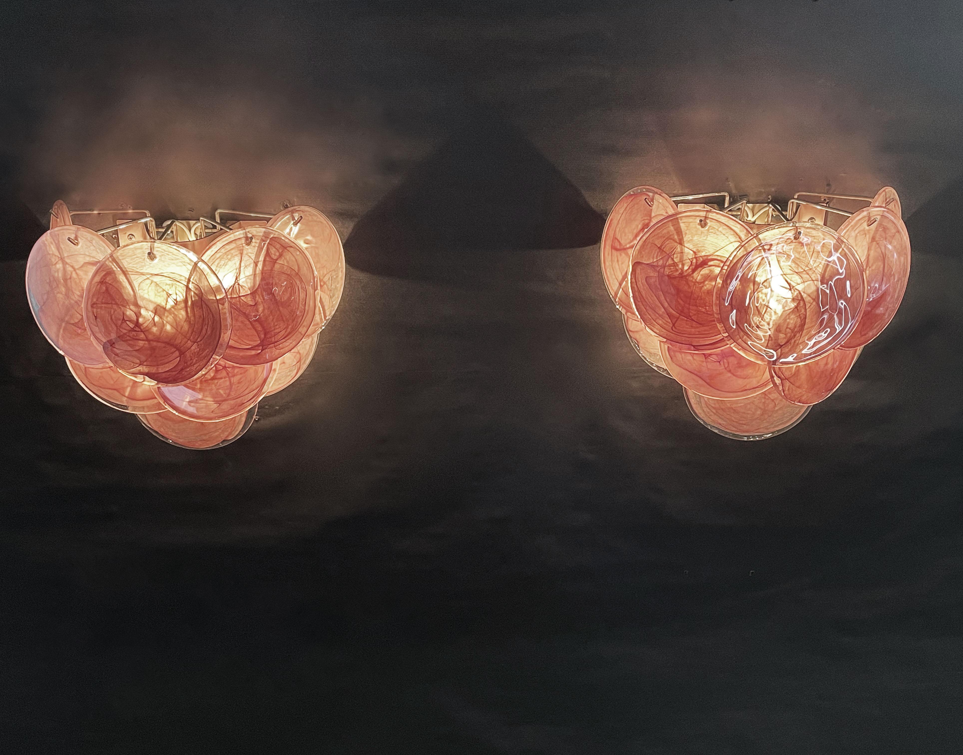 Pair of Glass Wall Sconces, 10 Iridescent Alabaster Pink Discs at 1stDibs